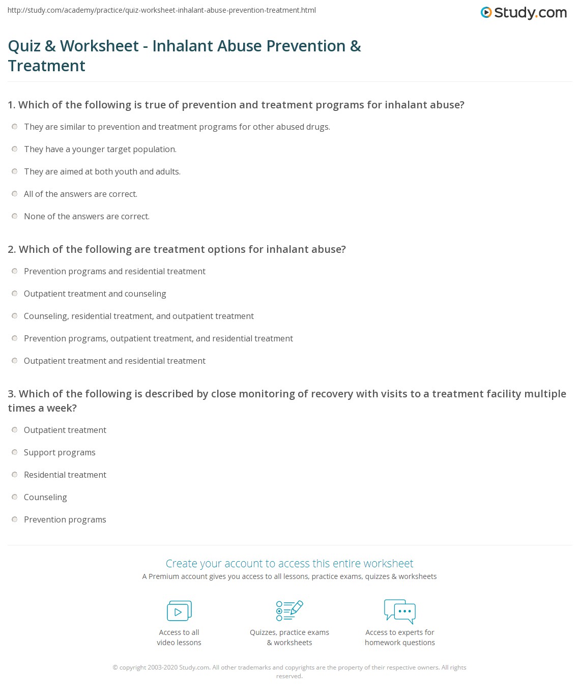 Quiz & Worksheet - Inhalant Abuse Prevention & Treatment | Study.com