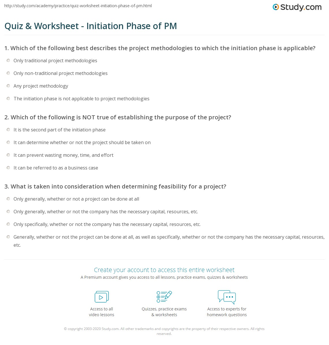 Quiz & Worksheet - Initiation Phase of PM | Study.com