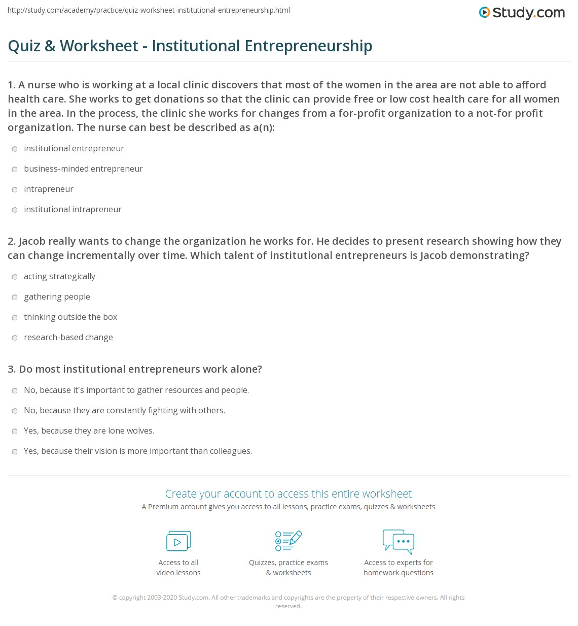 Quiz & Worksheet - Institutional Entrepreneurship | Study.com