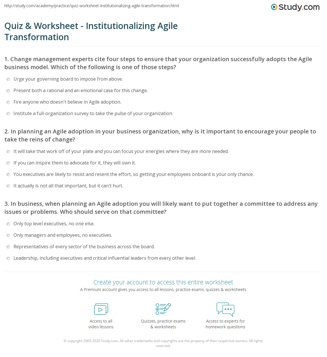 Quiz & Worksheet - Institutionalizing Agile Transformation | Study.com