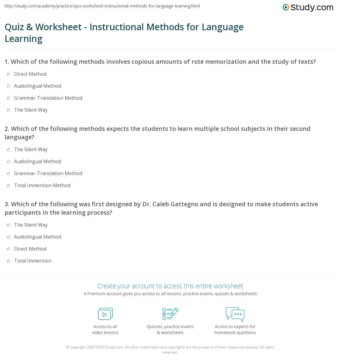 Quiz & Worksheet - Instructional Methods for Language Learning | Study.com