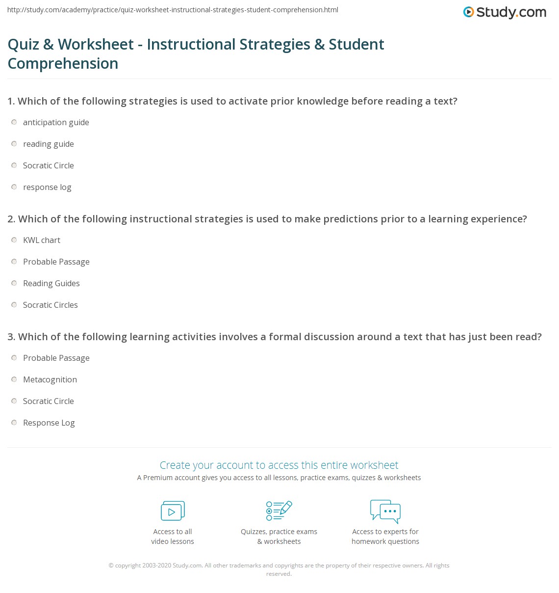 Quiz & Worksheet - Instructional Strategies & Student Comprehension ...