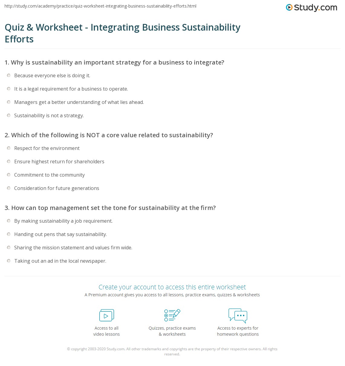 Quiz & Worksheet - Integrating Business Sustainability Efforts | Study.com