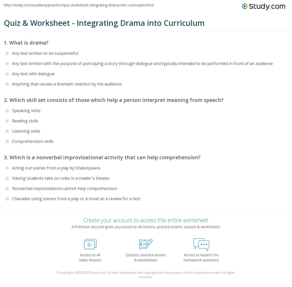 Quiz & Worksheet - Integrating Drama into Curriculum | Study.com