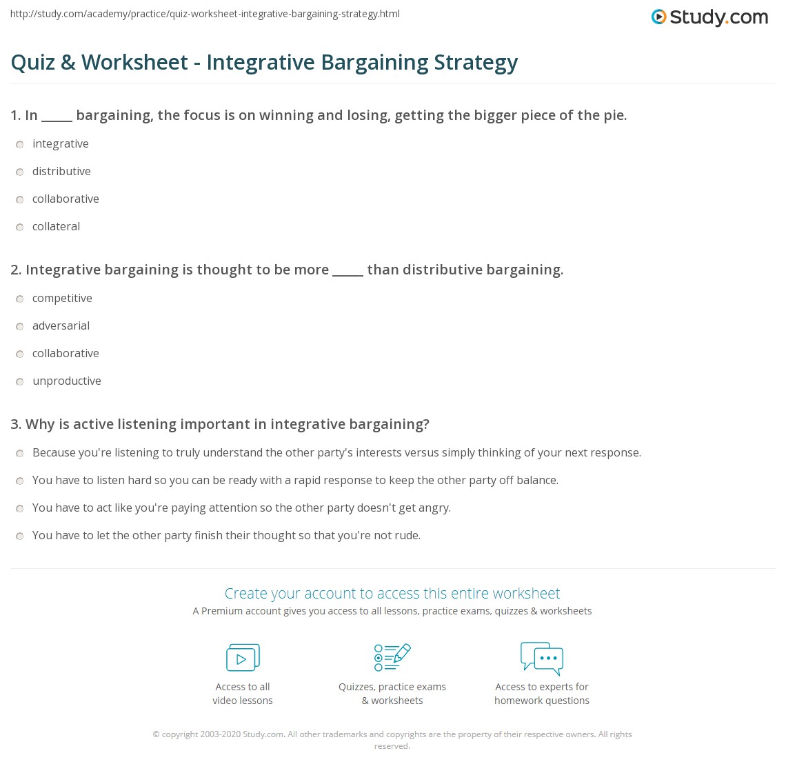 Quiz & Worksheet - Integrative Bargaining Strategy | Study.com