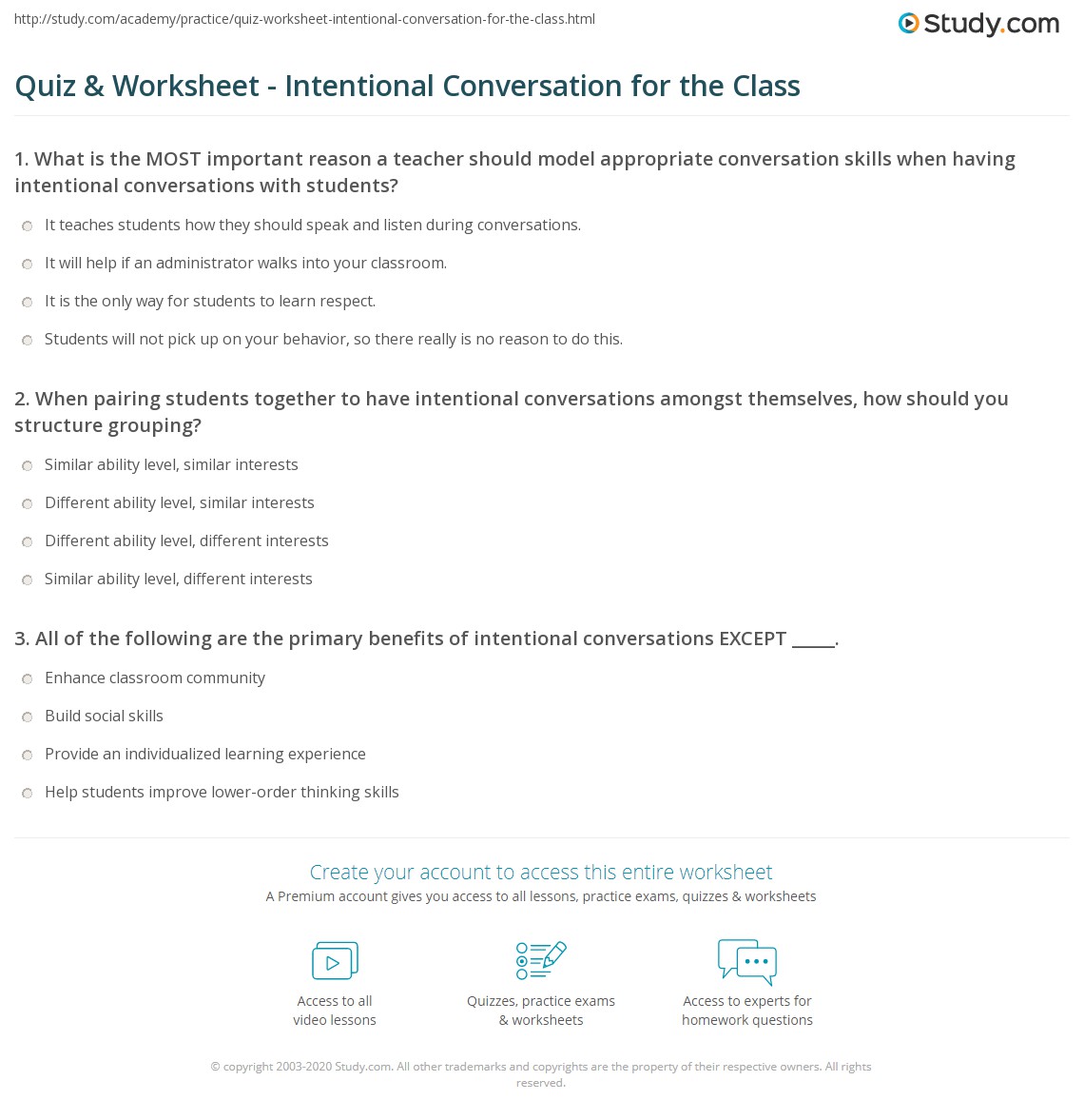 Quiz & Worksheet - Intentional Conversation for the Class | Study.com