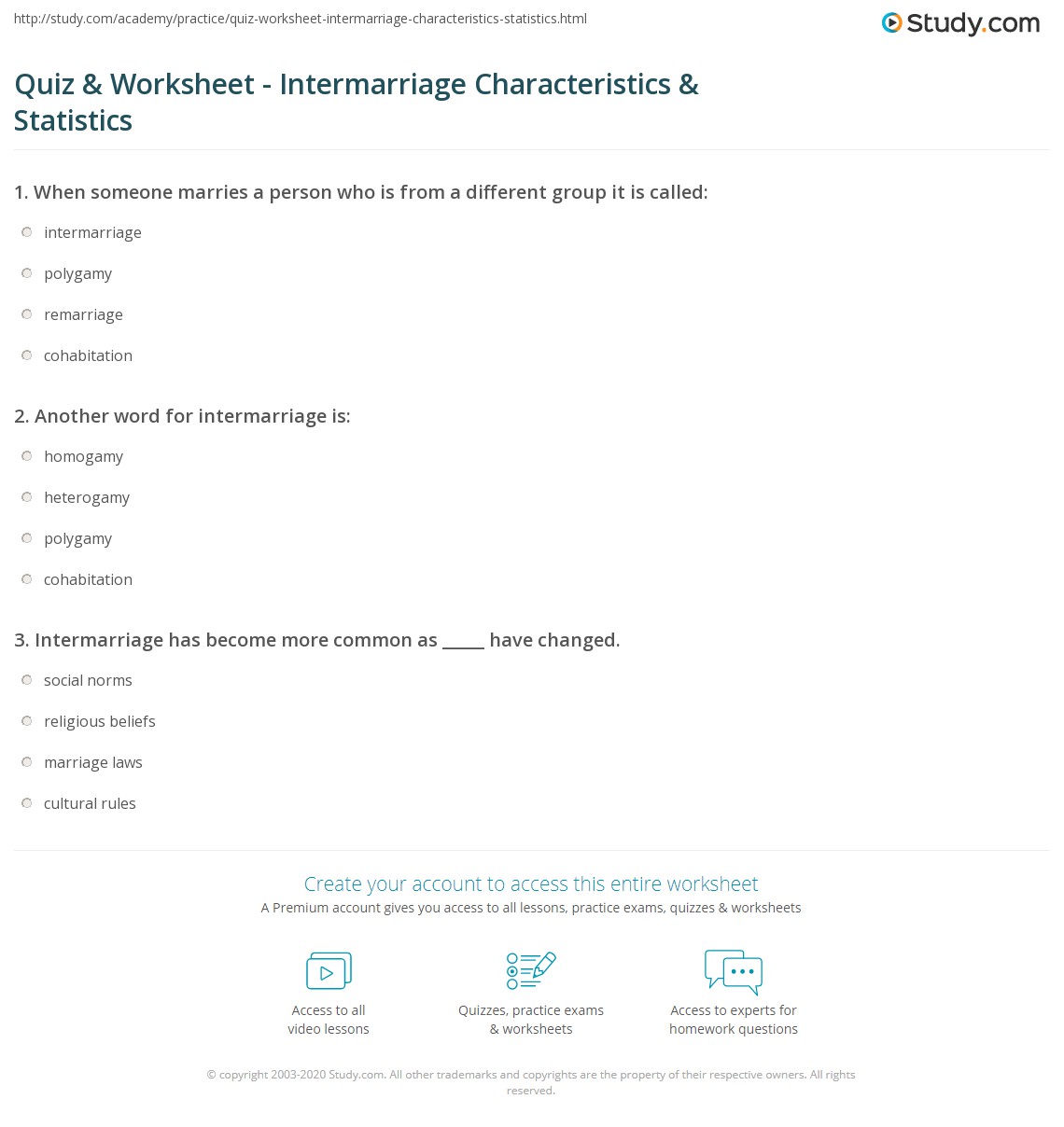 Quiz & Worksheet - Intermarriage Characteristics & Statistics | Study.com
