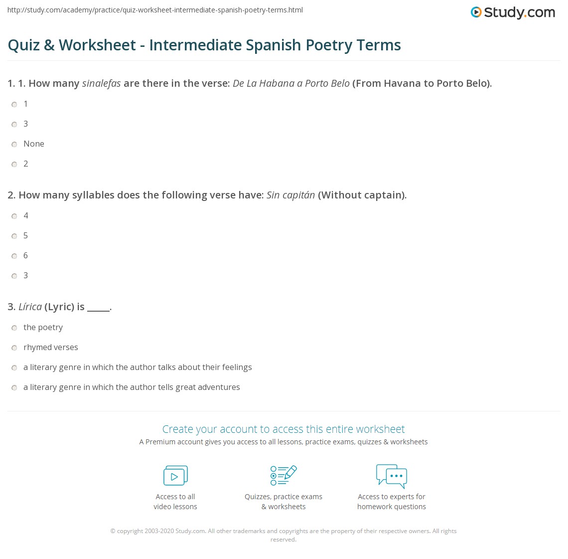 Quiz & Worksheet - Intermediate Spanish Poetry Terms | Study.com