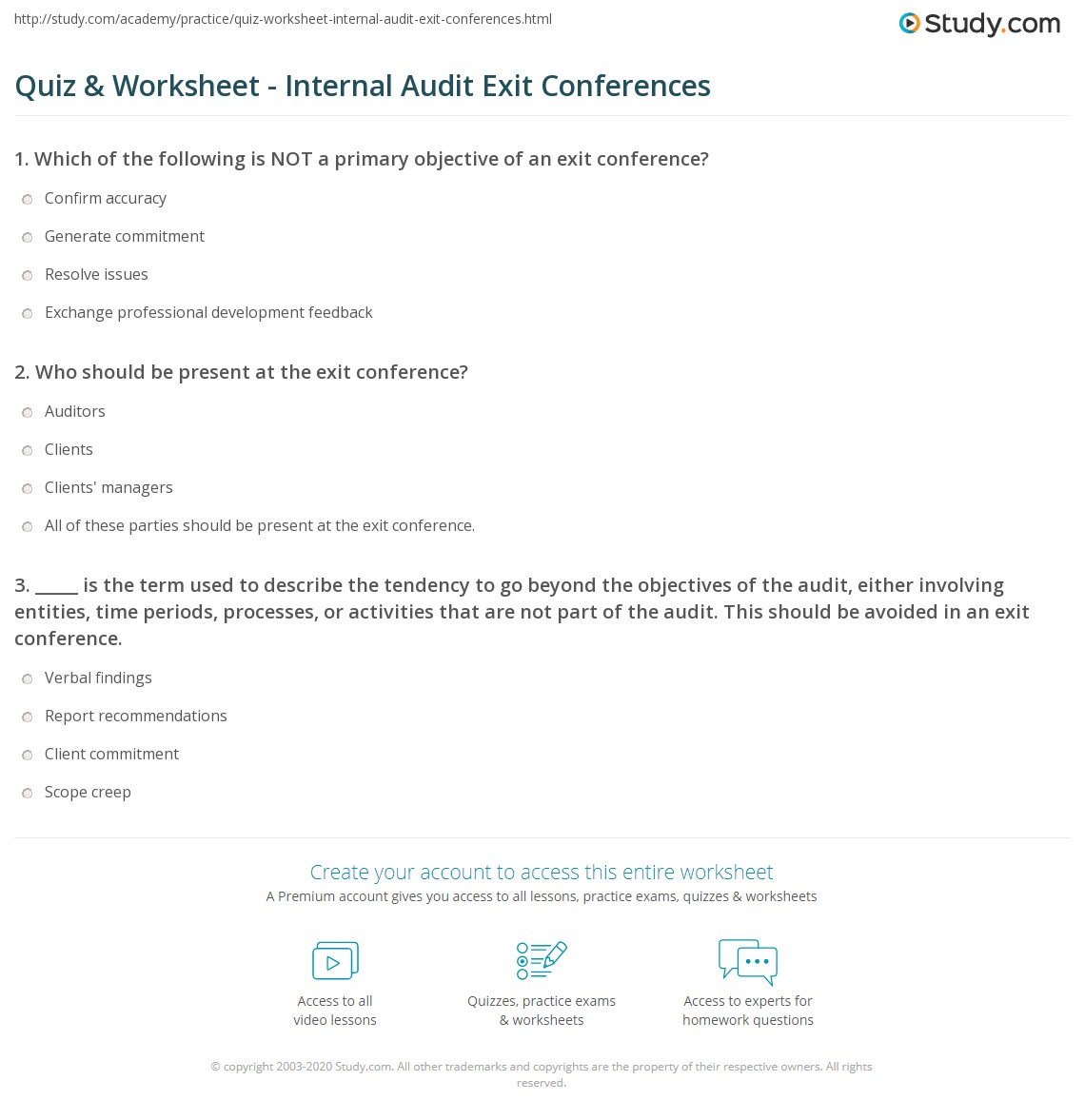 Quiz & Worksheet - Internal Audit Exit Conferences | Study.com
