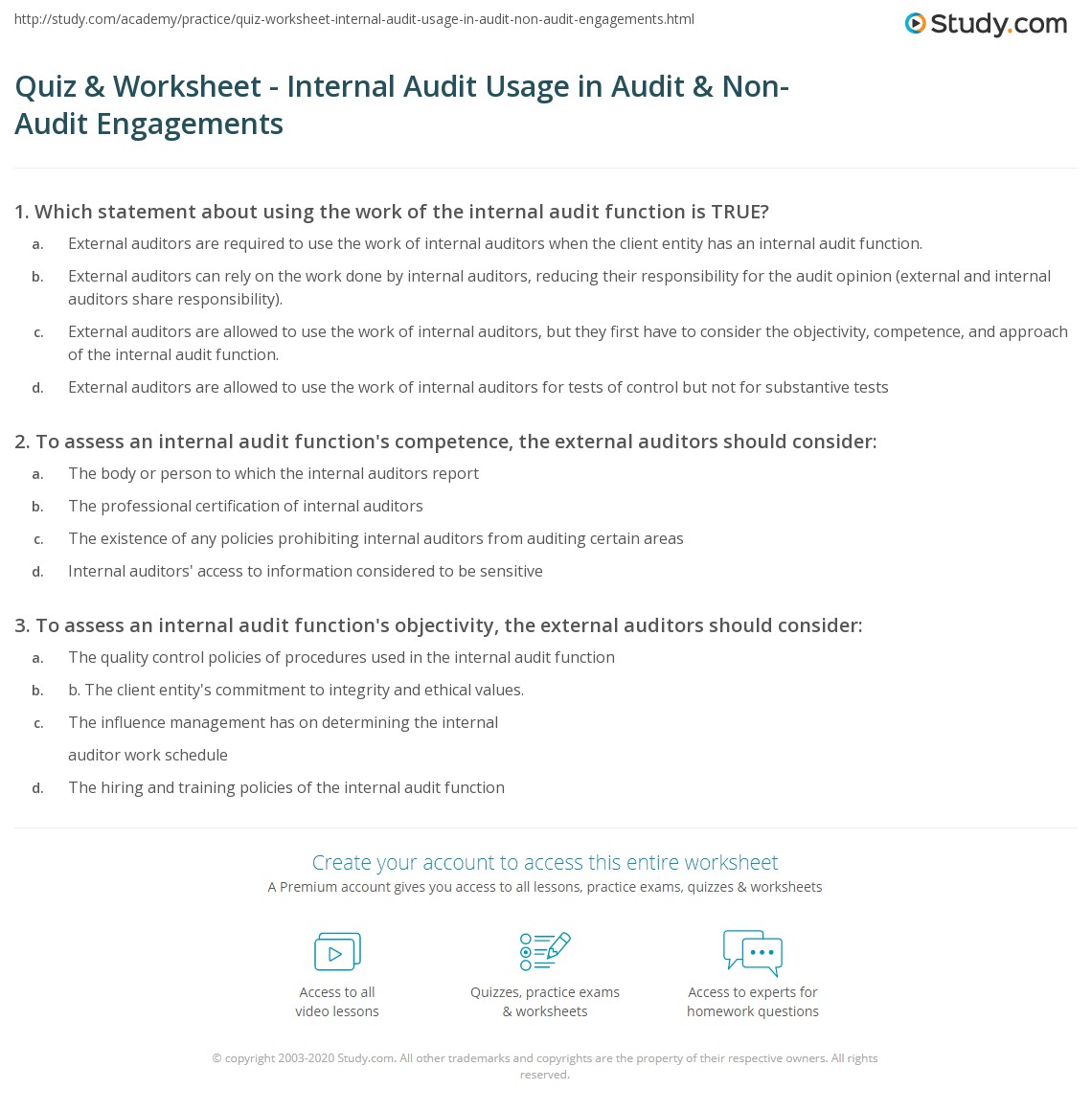 Quiz & Worksheet - Internal Audit Usage in Audit & Non-Audit ...