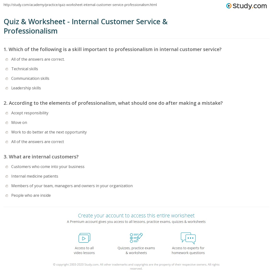 Quiz & Worksheet - Internal Customer Service & Professionalism | Study.com