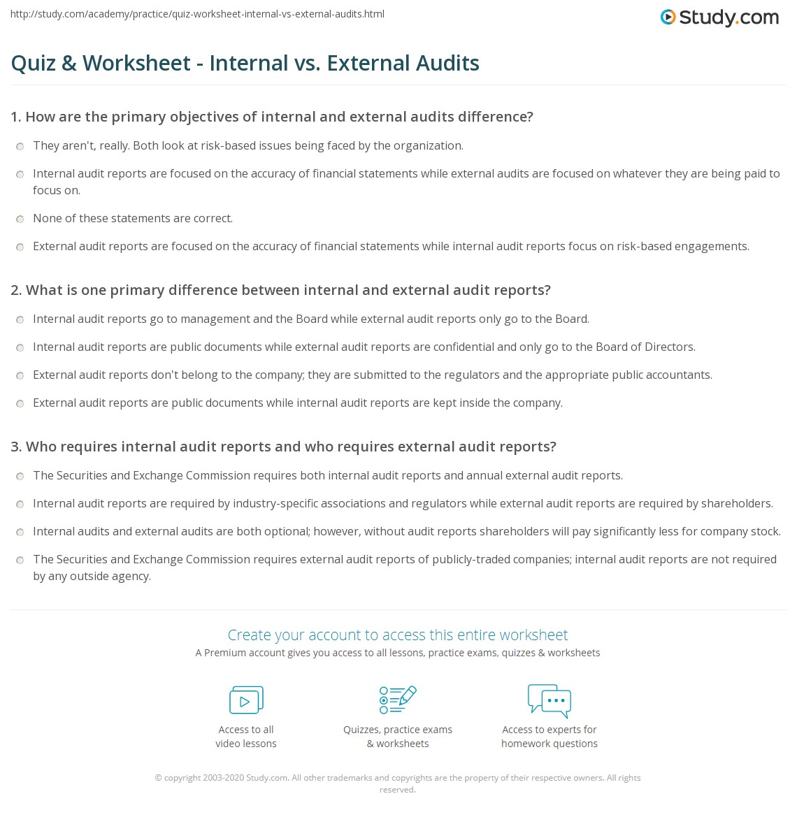 Quiz & Worksheet - Internal vs. External Audits | Study.com