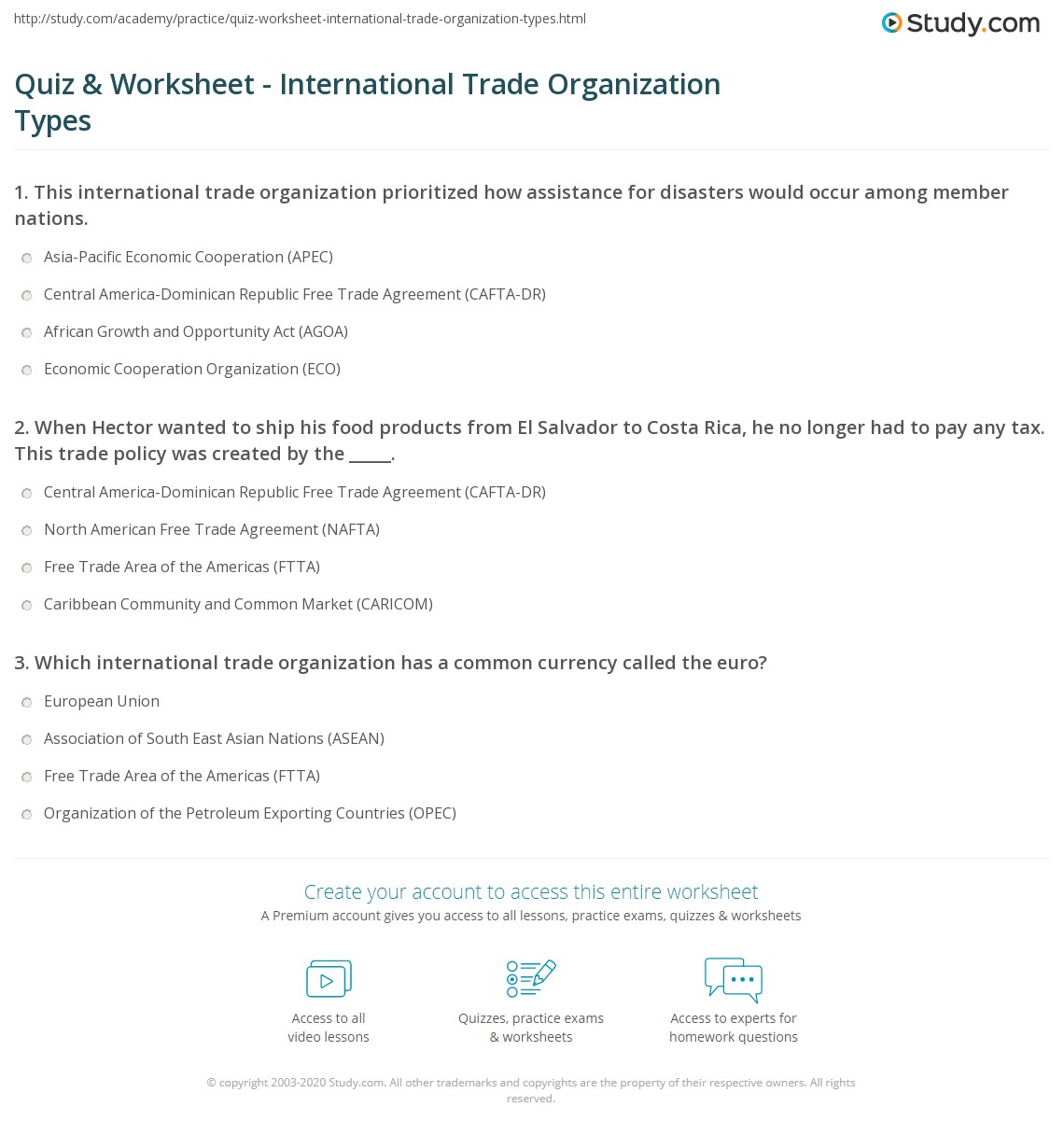 Quiz & Worksheet - International Trade Organization Types | Study.com