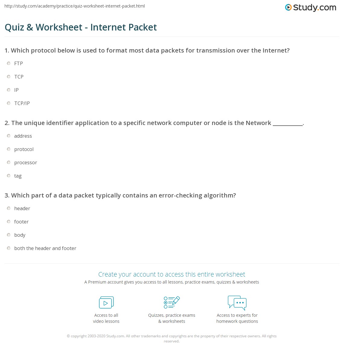 Quiz & Worksheet - Internet Packet | Study.com