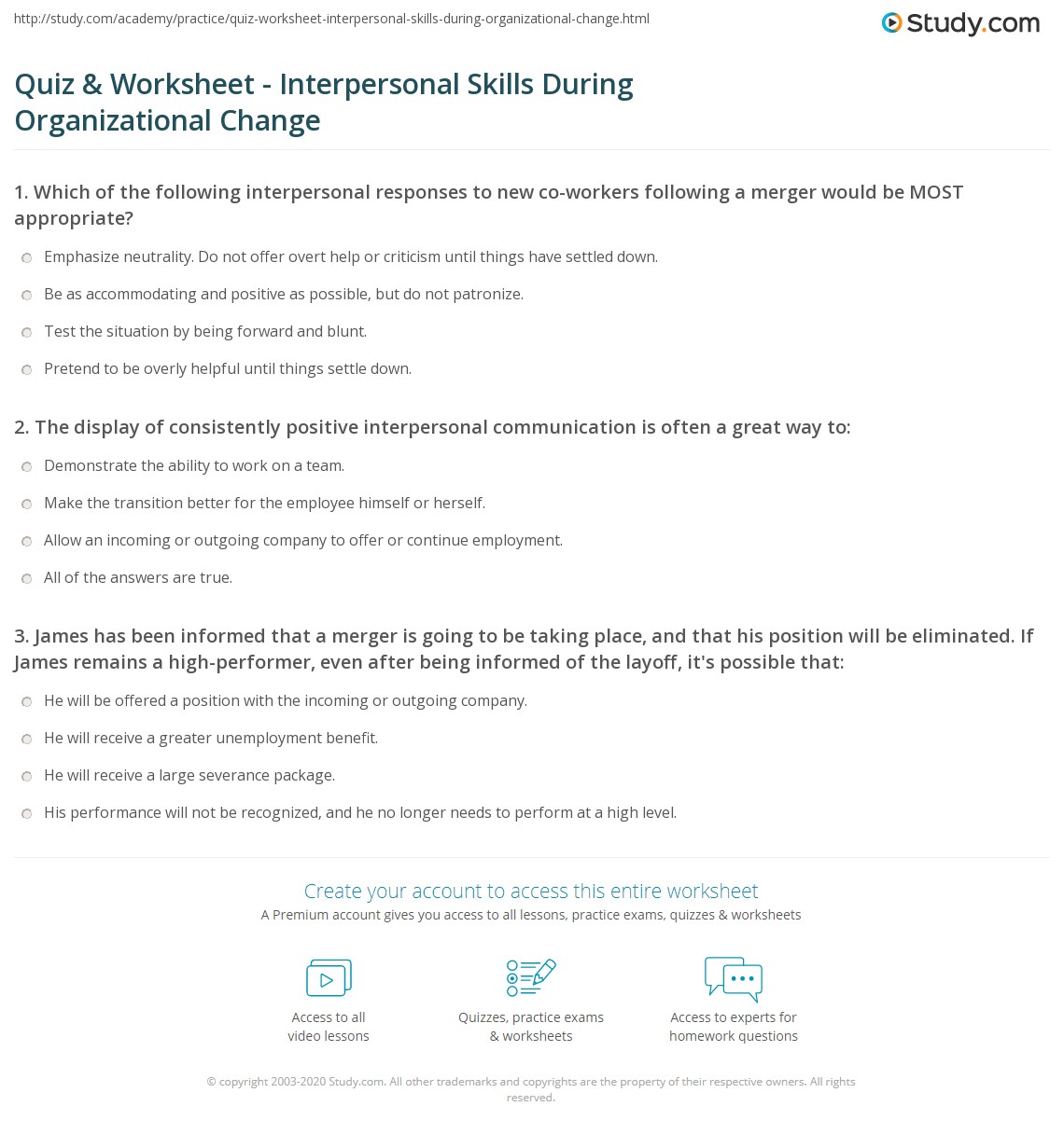 Quiz & Worksheet - Interpersonal Skills During Organizational Change ...