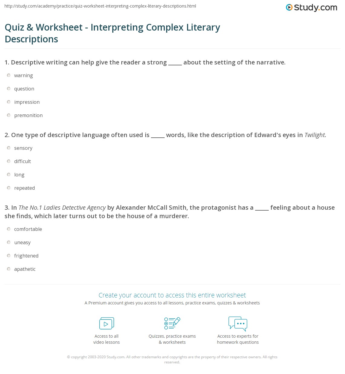 Quiz & Worksheet - Interpreting Complex Literary Descriptions | Study.com