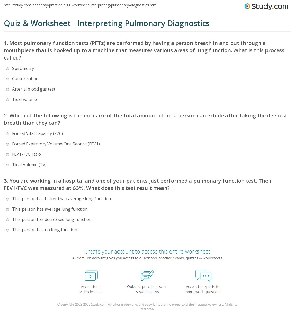 Quiz & Worksheet - Interpreting Pulmonary Diagnostics | Study.com