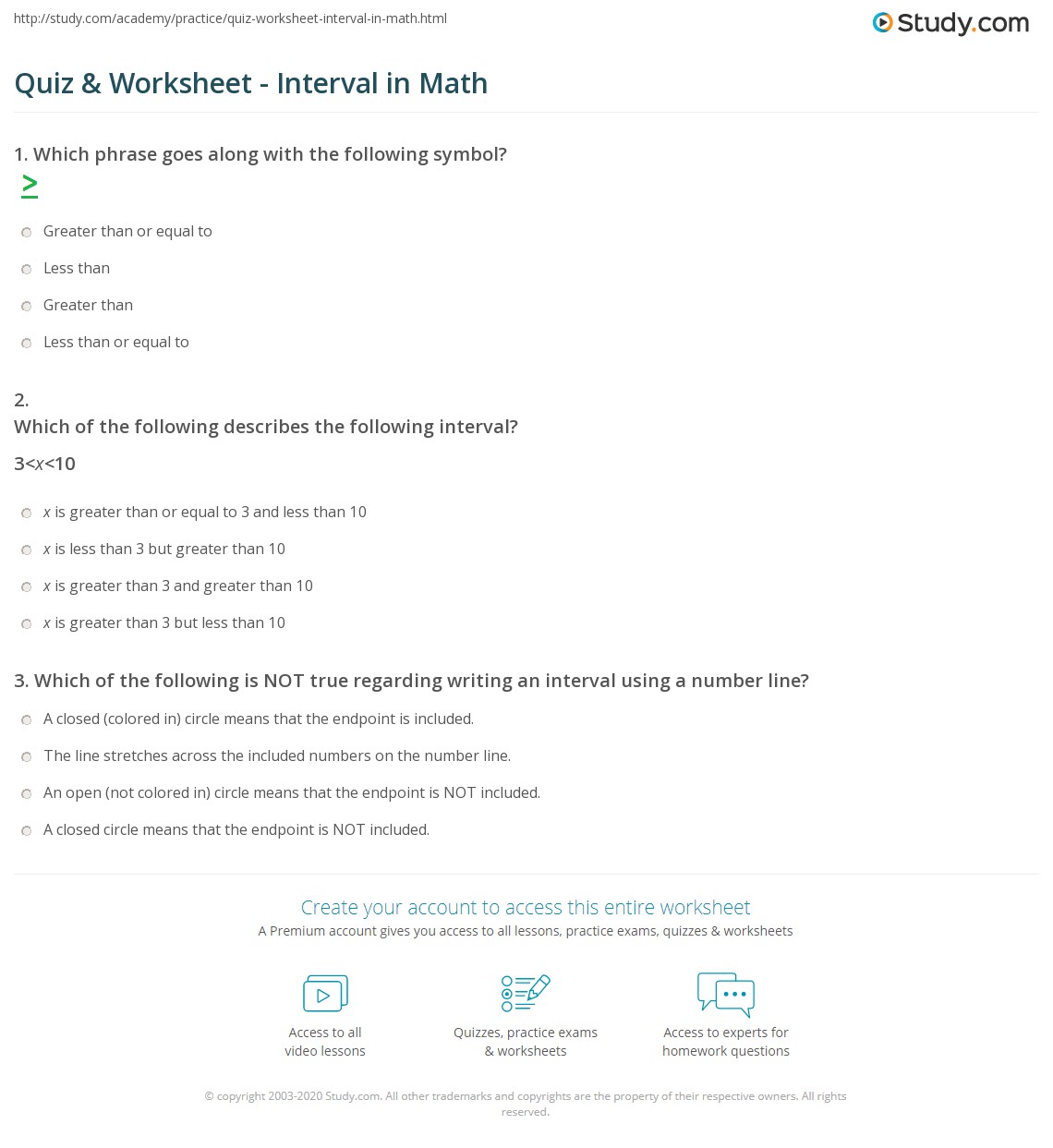 Quiz & Worksheet - Interval in Math | Study.com