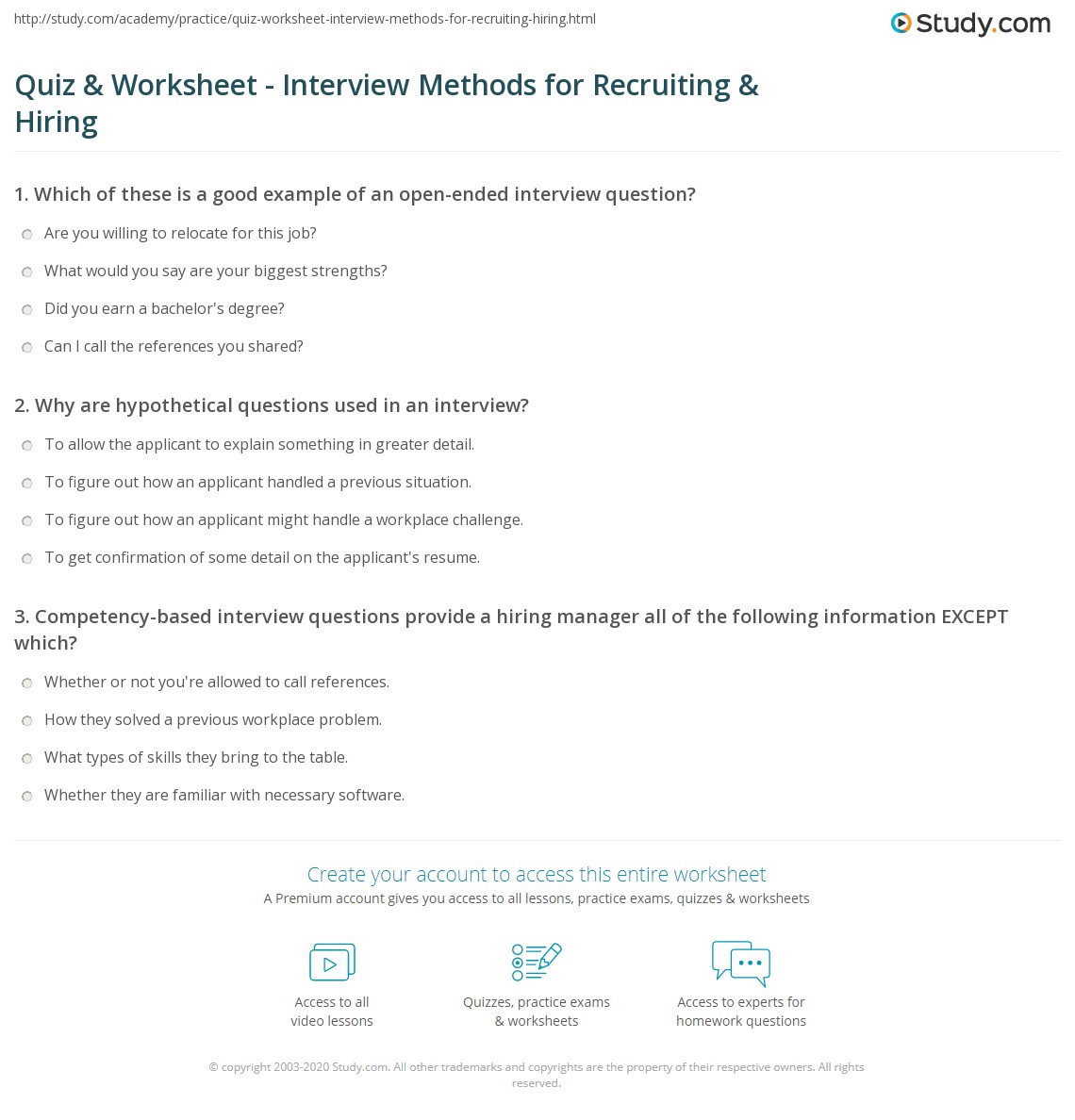 Quiz & Worksheet - Interview Methods for Recruiting & Hiring | Study.com