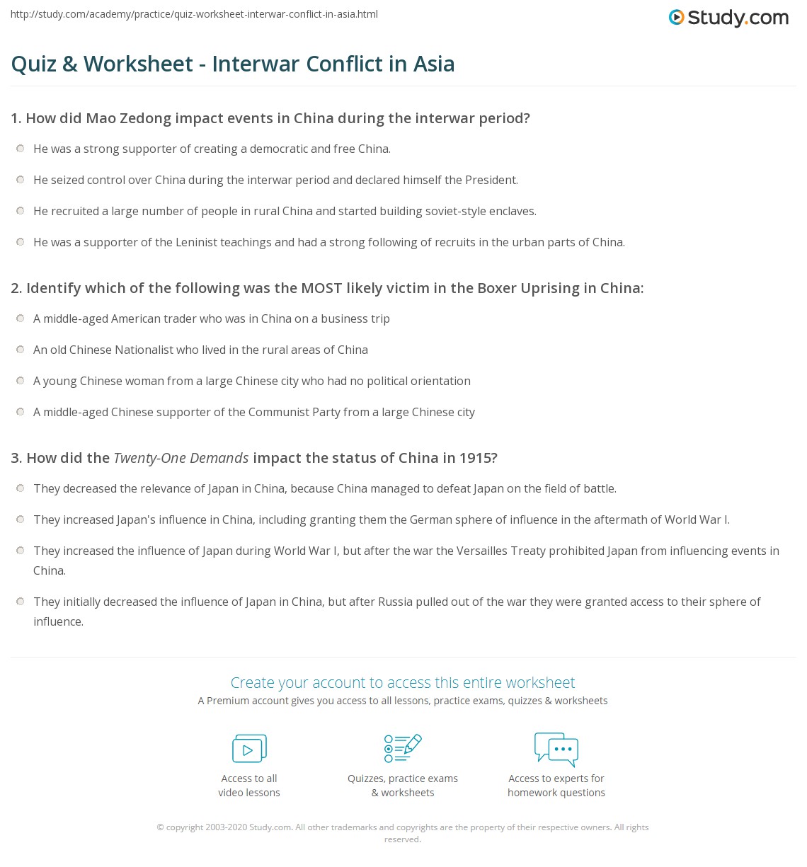 Quiz & Worksheet - Interwar Conflict in Asia | Study.com