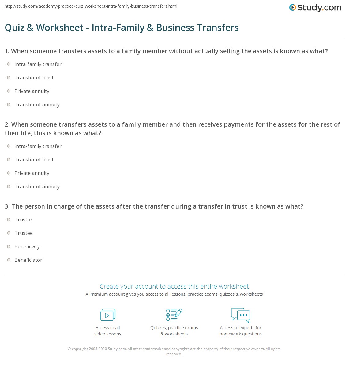 Quiz & Worksheet - Intra-Family & Business Transfers | Study.com