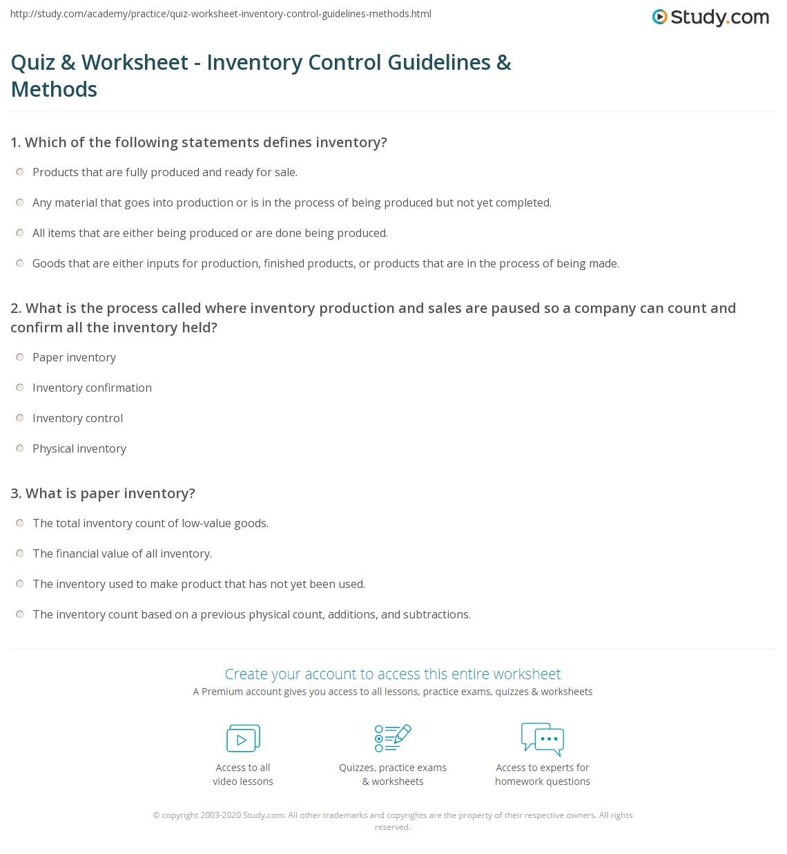 Quiz & Worksheet - Inventory Control Guidelines & Methods | Study.com