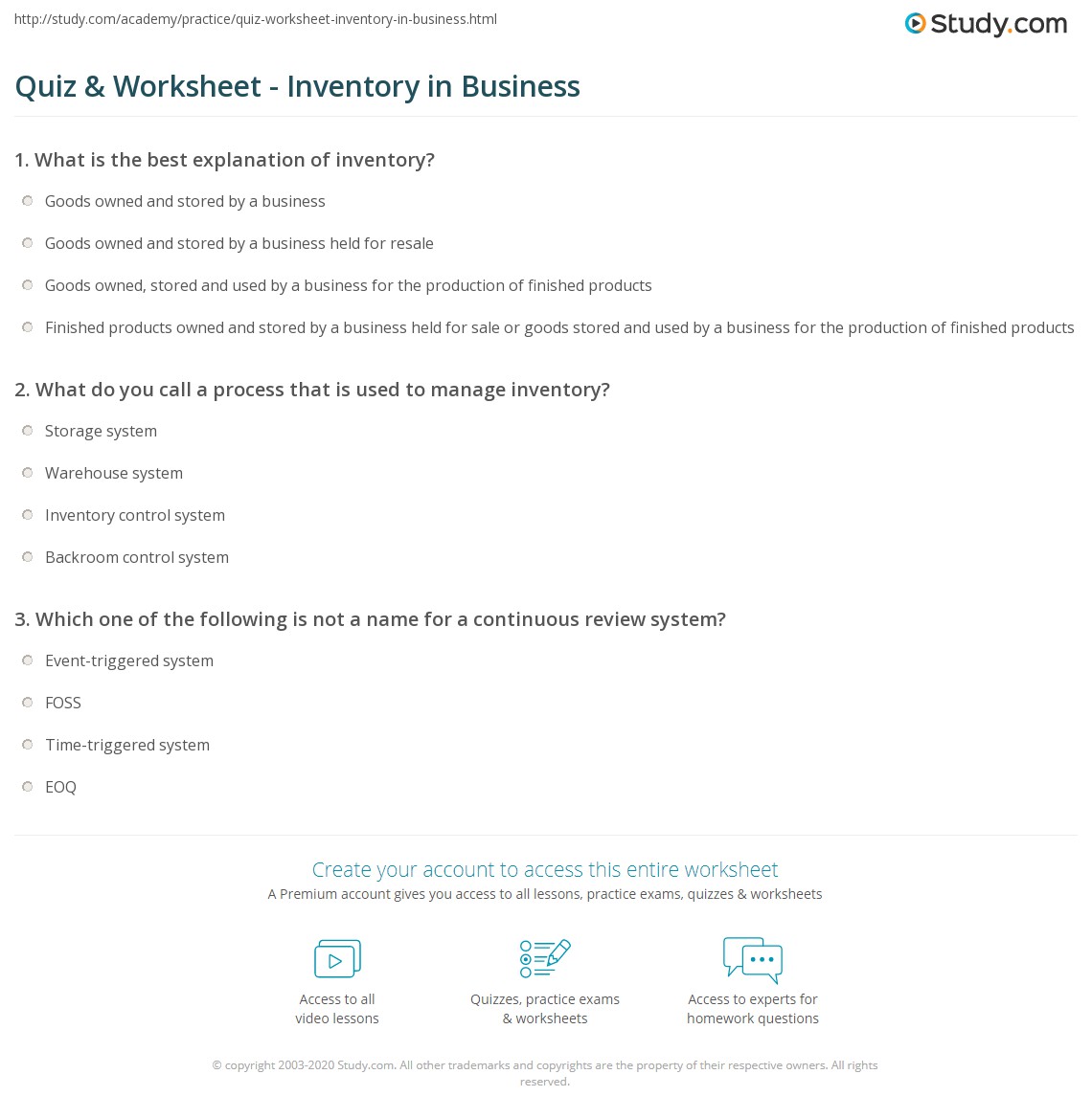 Quiz & Worksheet - Inventory in Business | Study.com