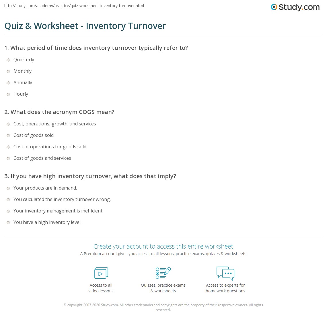 Quiz & Worksheet - Inventory Turnover | Study.com