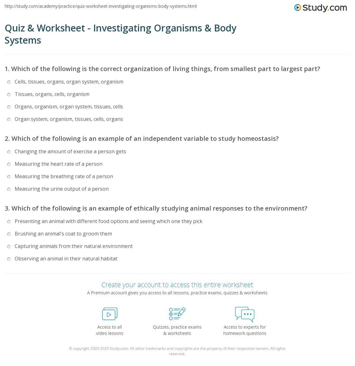 Quiz & Worksheet - Investigating Organisms & Body Systems | Study.com