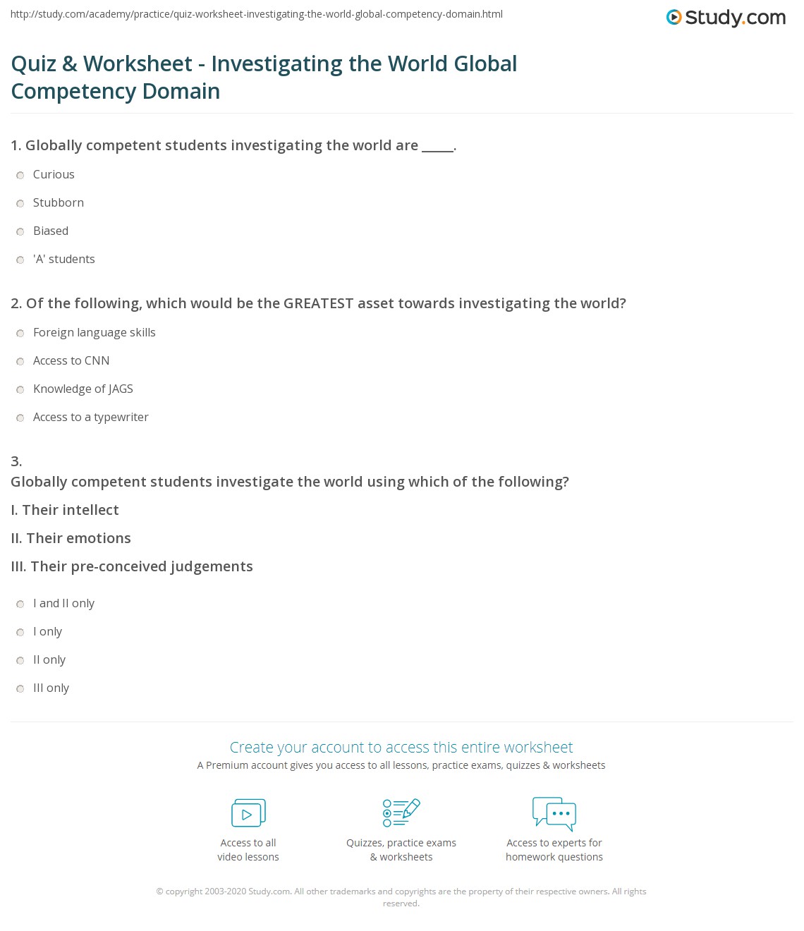 Quiz & Worksheet - Investigating the World Global Competency Domain ...