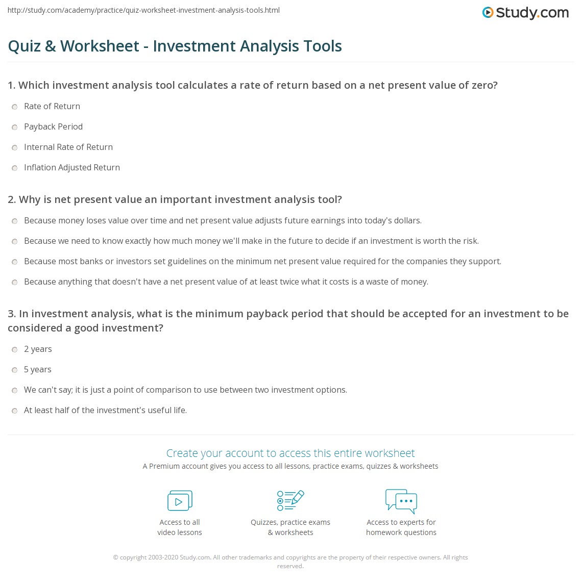 Quiz & Worksheet - Investment Analysis Tools | Study.com
