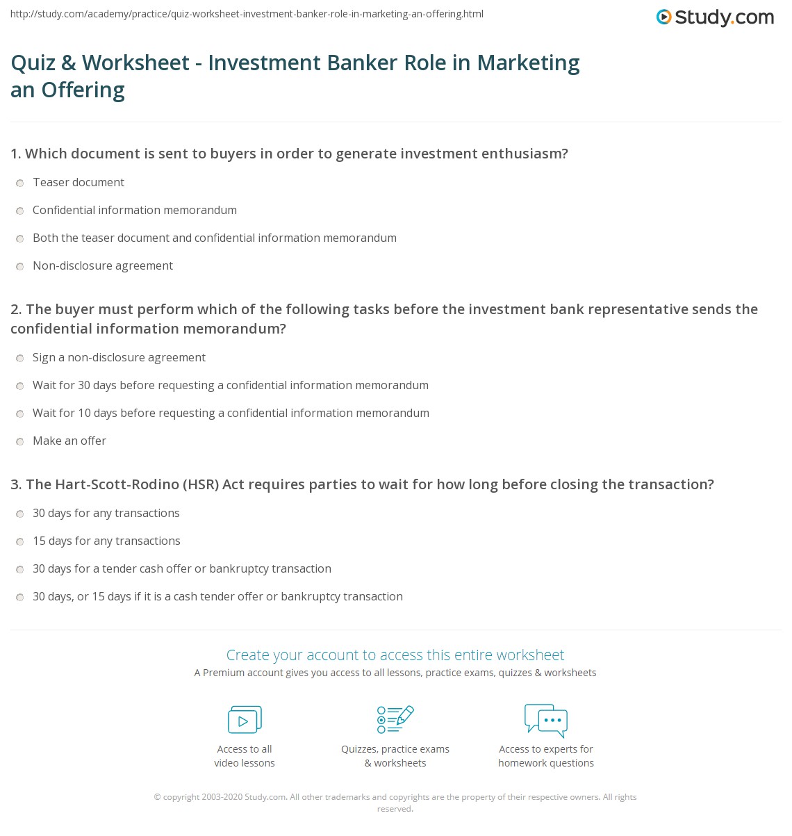 Quiz & Worksheet - Investment Banker Role in Marketing an Offering ...