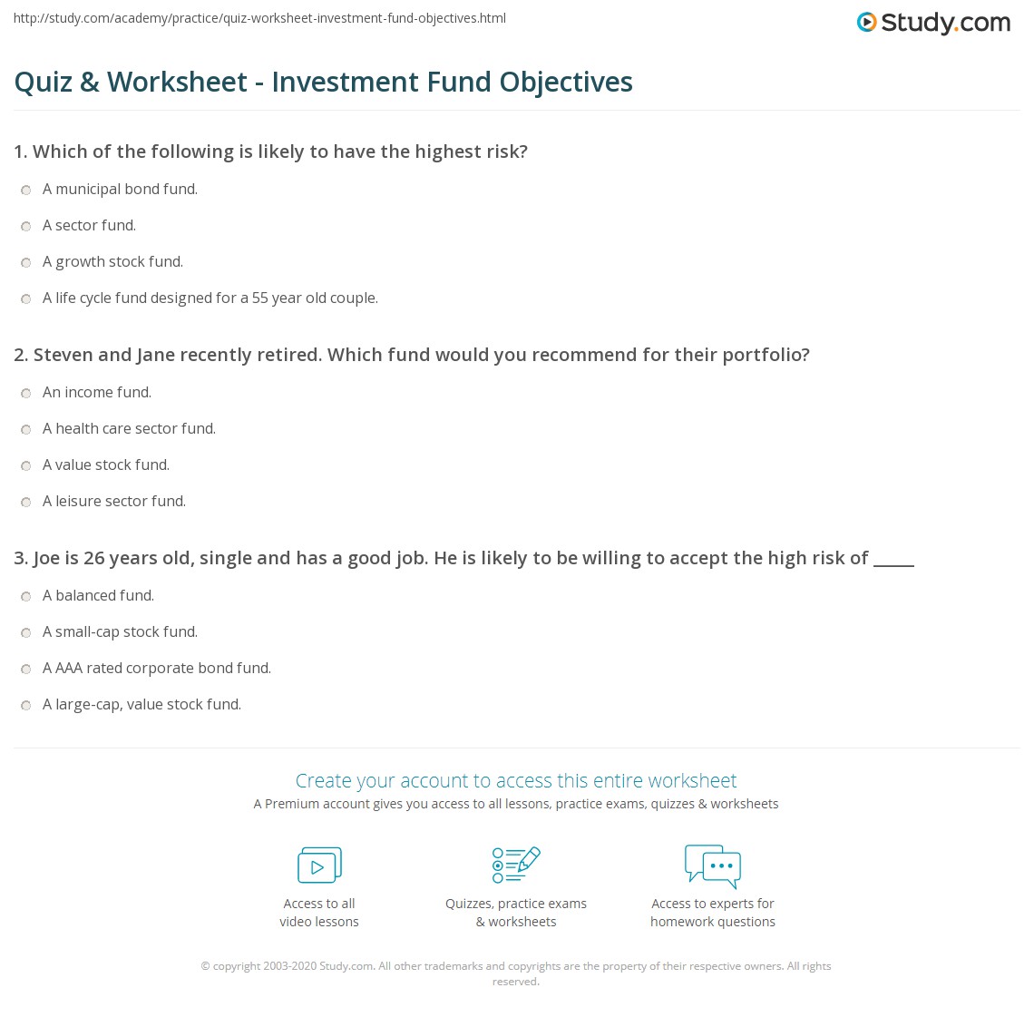 Quiz & Worksheet - Investment Fund Objectives | Study.com