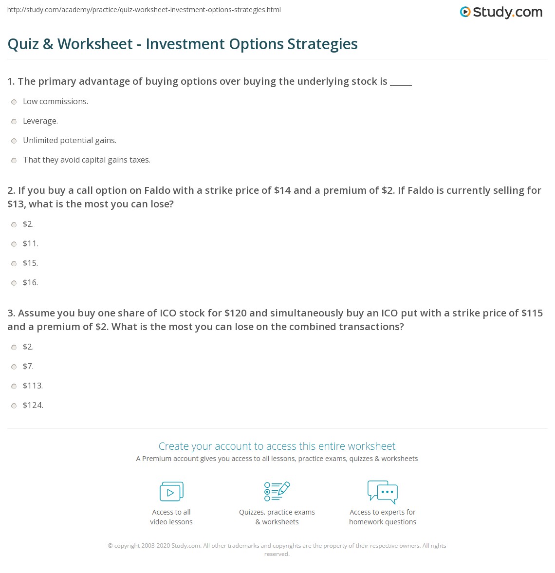 Quiz & Worksheet - Investment Options Strategies | Study.com