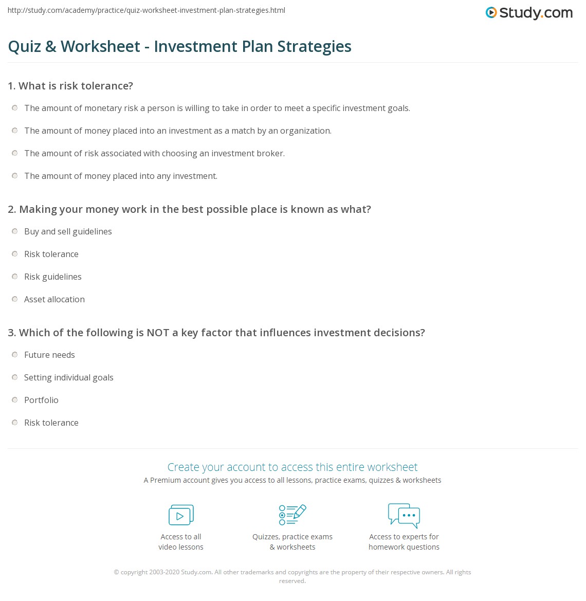Quiz & Worksheet - Investment Plan Strategies | Study.com