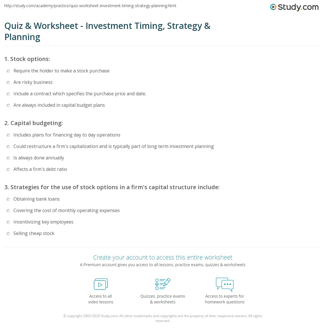 Quiz & Worksheet - Investment Timing, Strategy & Planning | Study.com