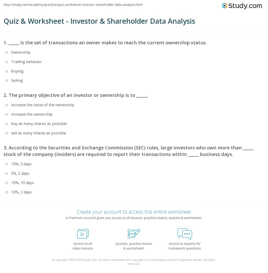 Quiz & Worksheet - Investor & Shareholder Data Analysis | Study.com
