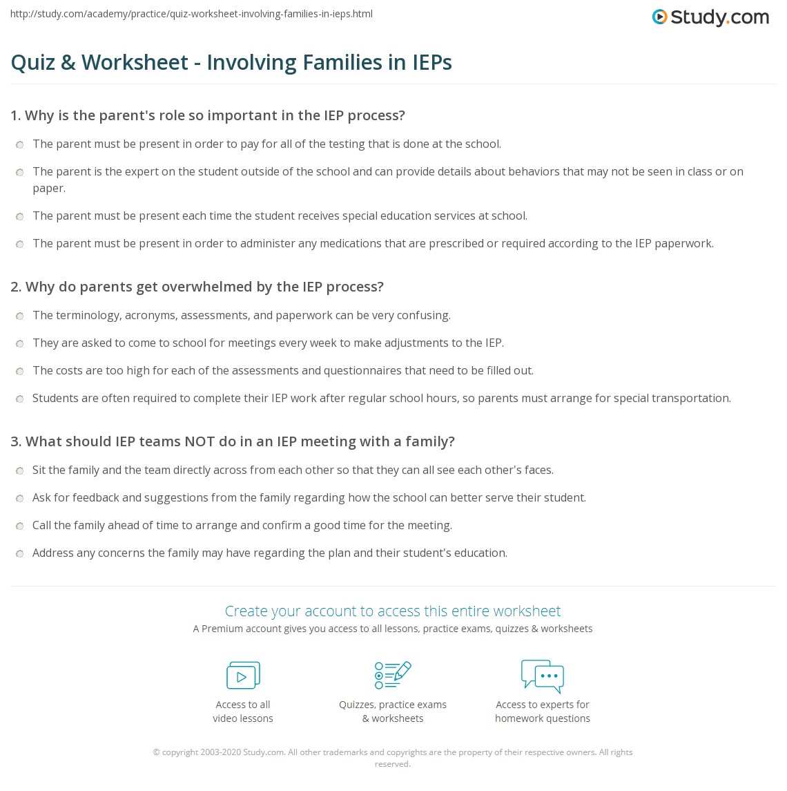 Quiz & Worksheet - Involving Families in IEPs | Study.com