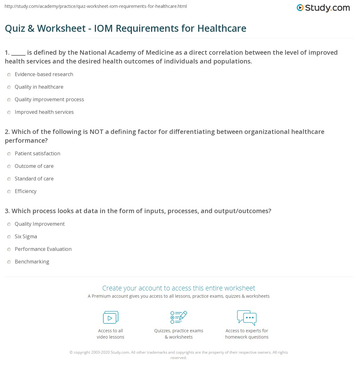 Quiz & Worksheet - IOM Requirements for Healthcare | Study.com