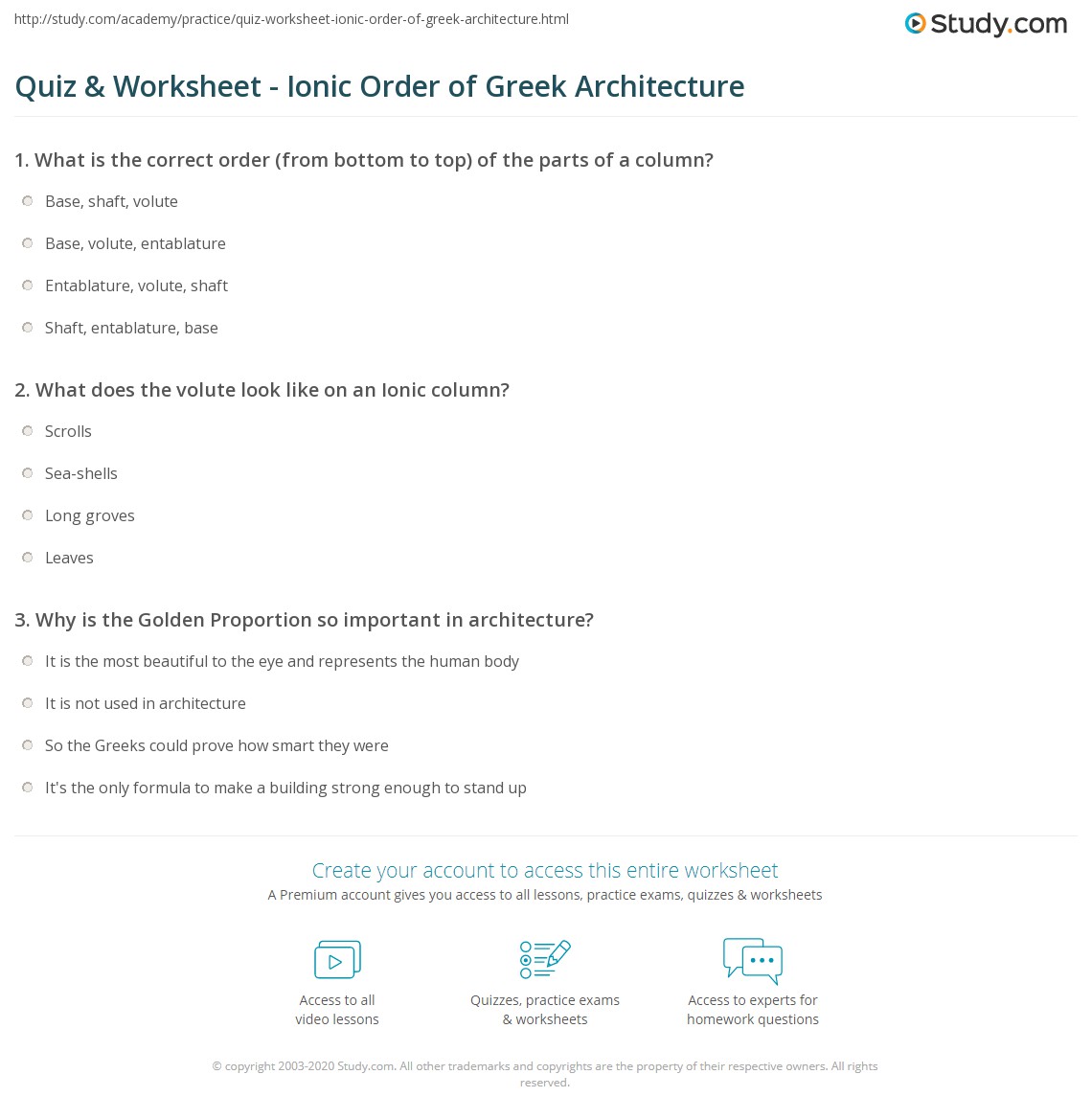 Quiz & Worksheet - Ionic Order of Greek Architecture | Study.com
