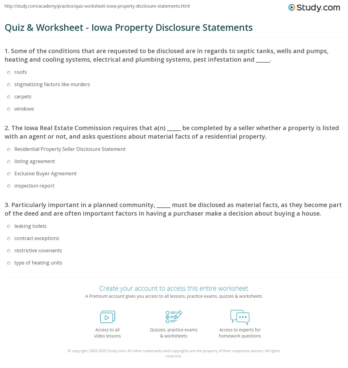 Quiz & Worksheet - Iowa Property Disclosure Statements | Study.com
