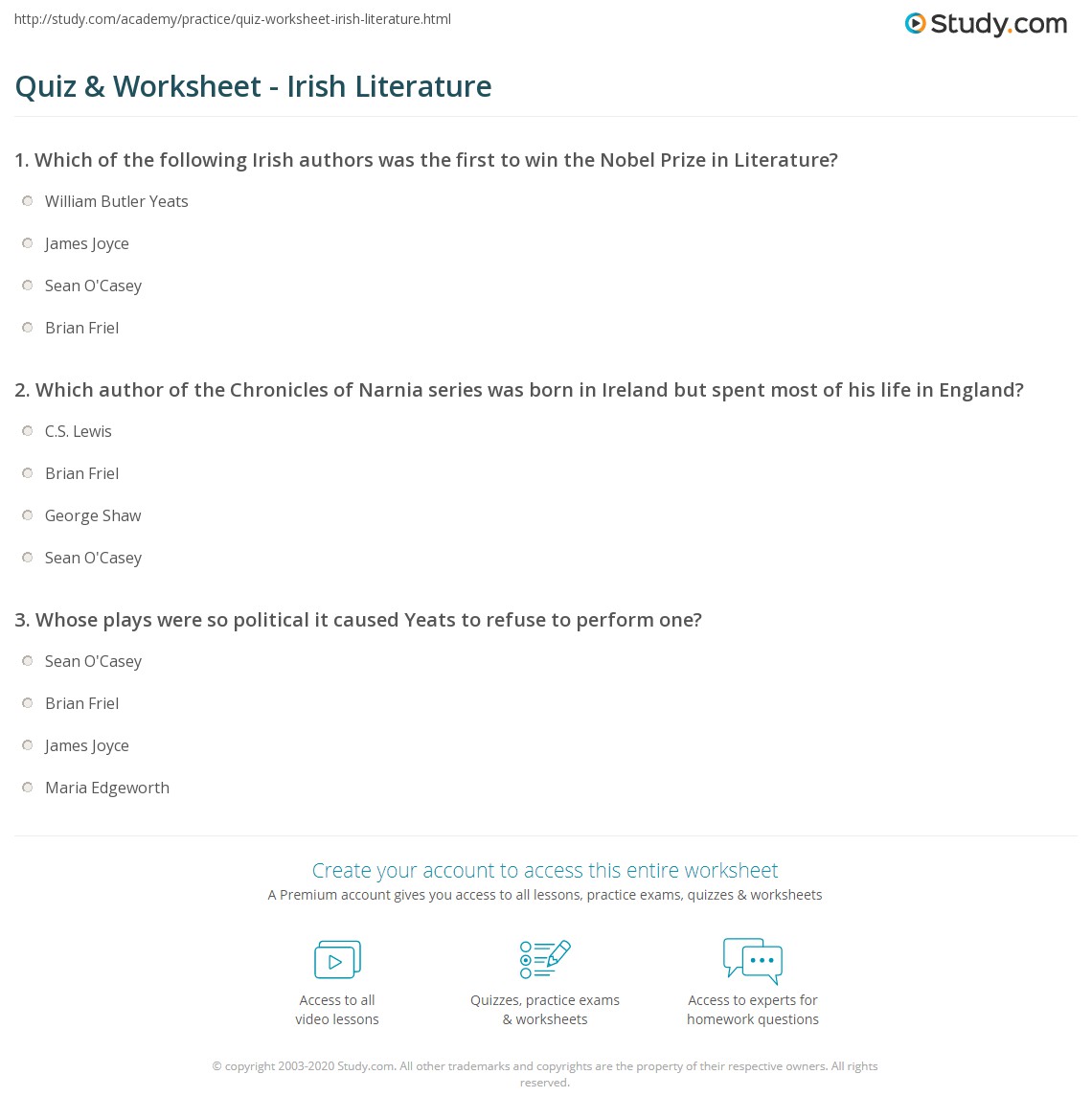 Quiz & Worksheet - Irish Literature | Study.com