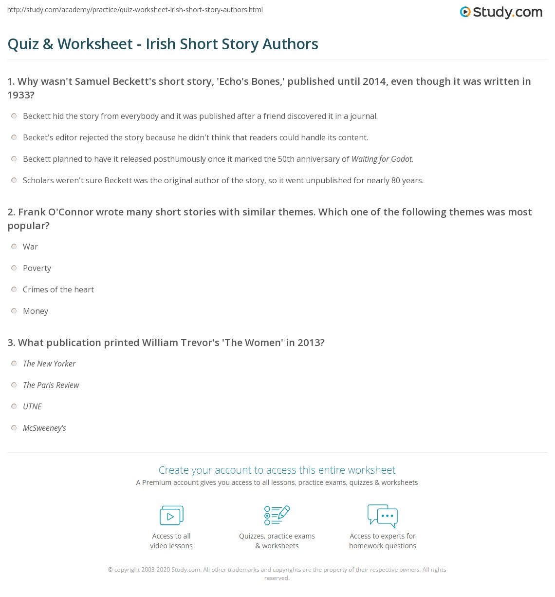 Quiz & Worksheet - Irish Short Story Authors | Study.com