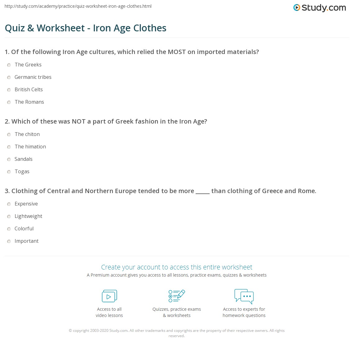 Quiz & Worksheet - Iron Age Clothes | Study.com