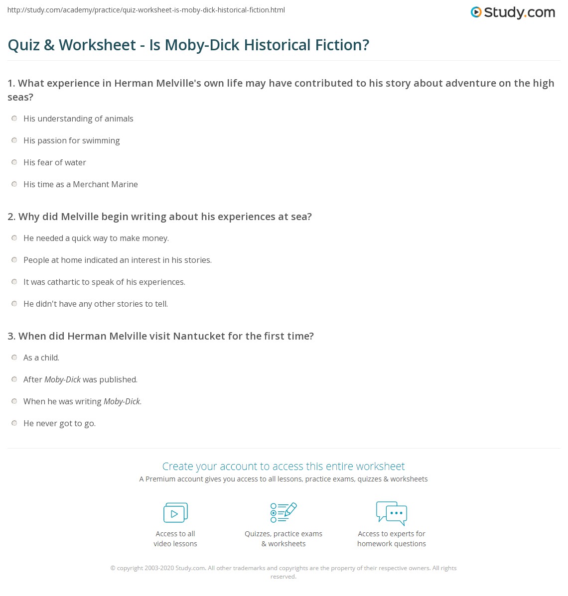Quiz & Worksheet - Is Moby-Dick Historical Fiction? | Study.com