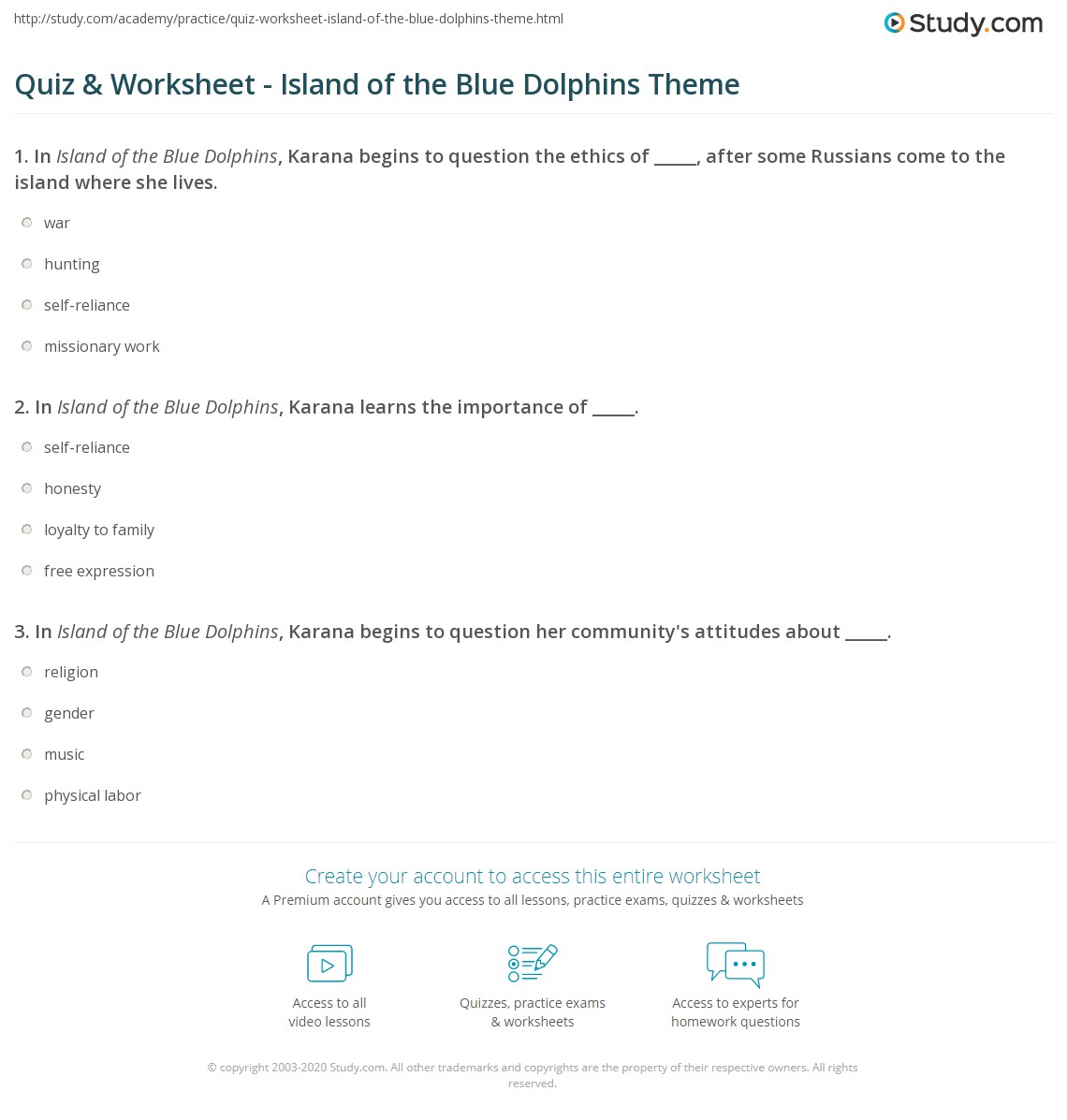 Quiz & Worksheet - Island of the Blue Dolphins Theme | Study.com