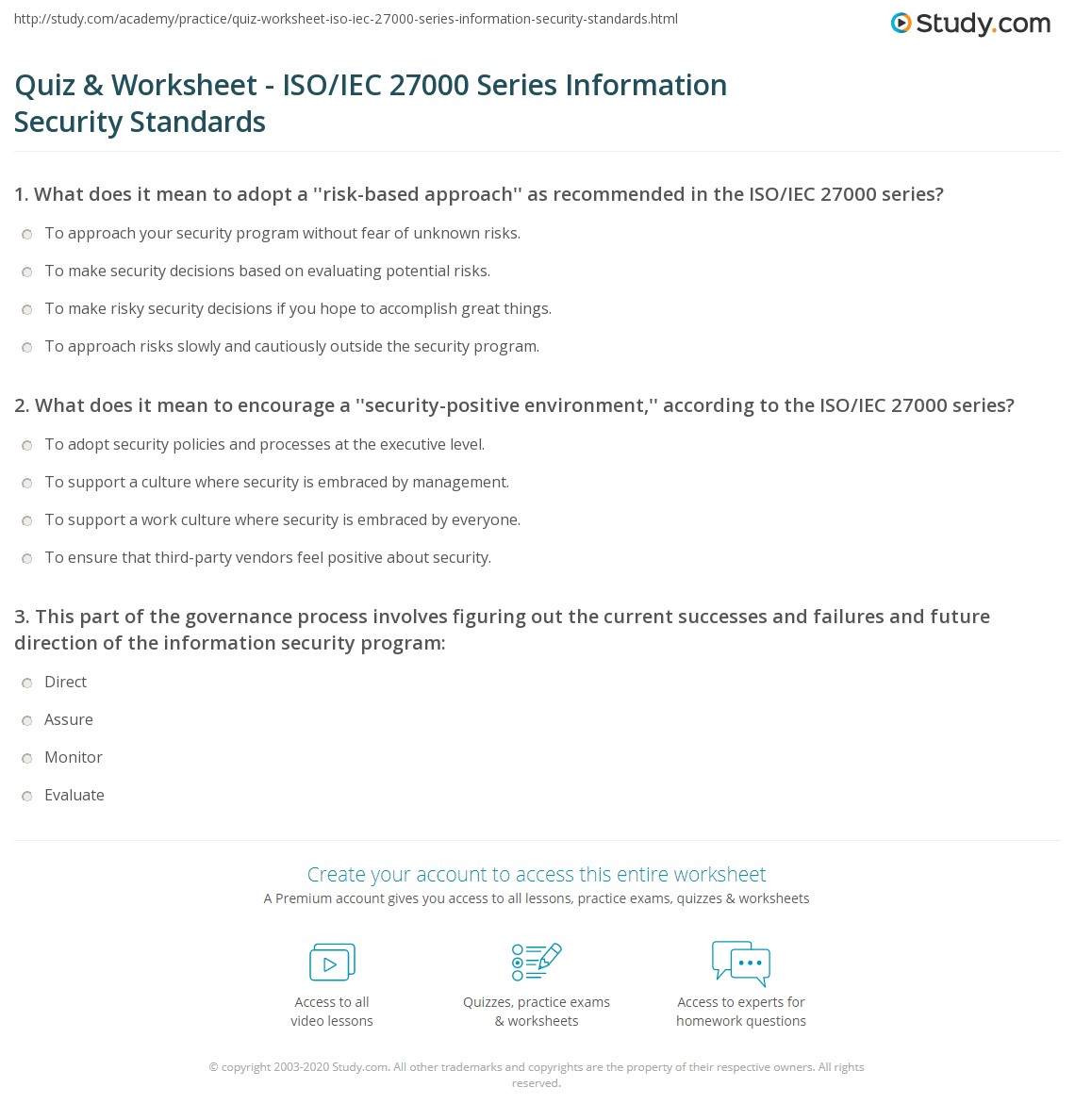 Quiz & Worksheet - ISO/IEC 27000 Series Information Security Standards ...