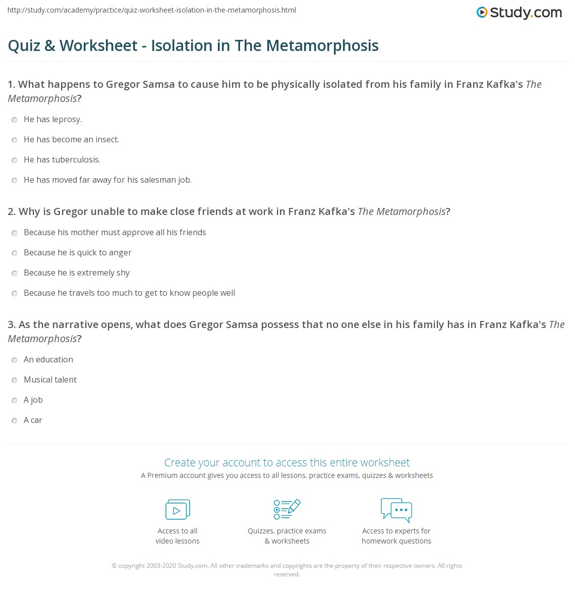 Quiz & Worksheet - Isolation in The Metamorphosis | Study.com