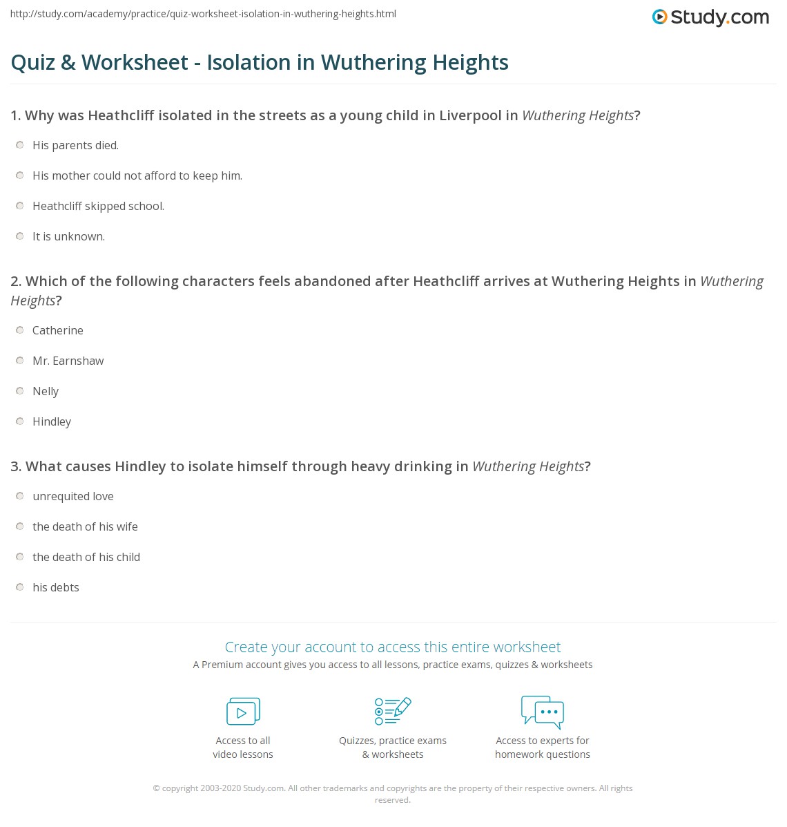 Quiz & Worksheet - Isolation in Wuthering Heights | Study.com