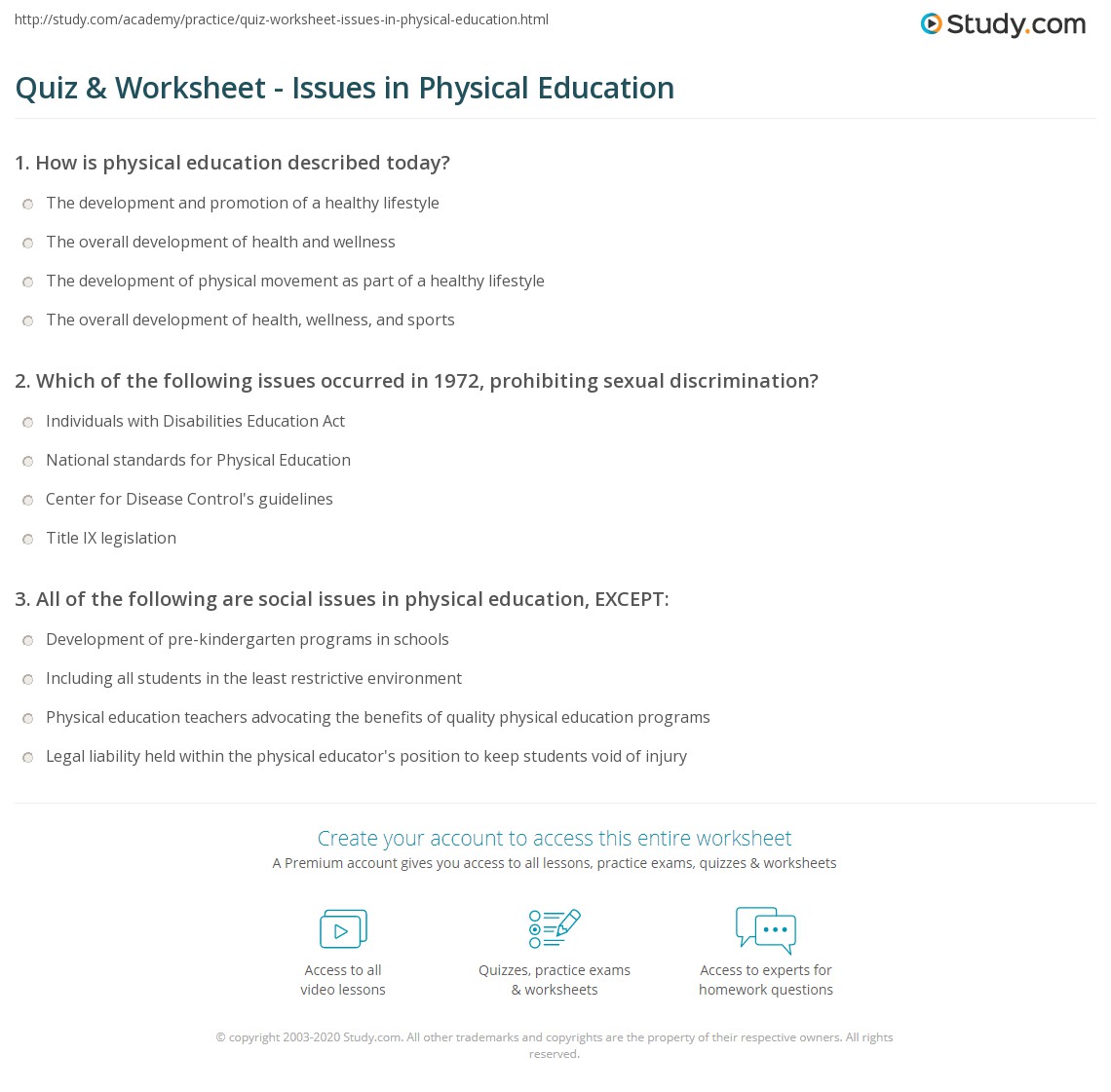 Quiz & Worksheet - Issues in Physical Education | Study.com